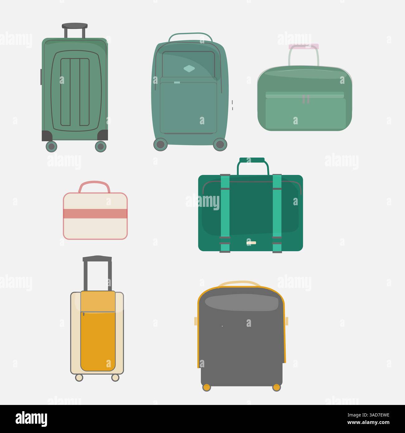 Set of suitcases, luggage, baggage and bags isolated, flat vector ...
