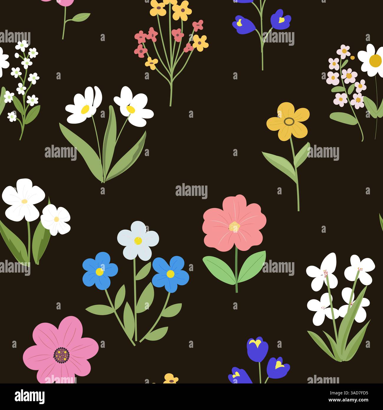 Seamless pattern with spring flowers on the black background, flat vector For fabric, wraping ...