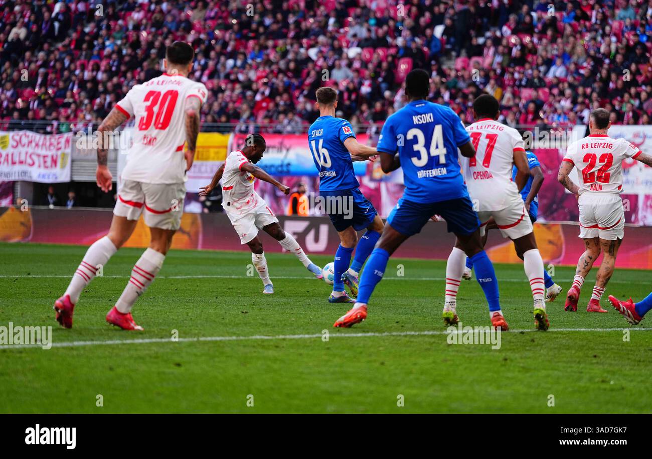 April 05 2025: Ridle Baku of RB Leipzig scores and celebrates his teams ...