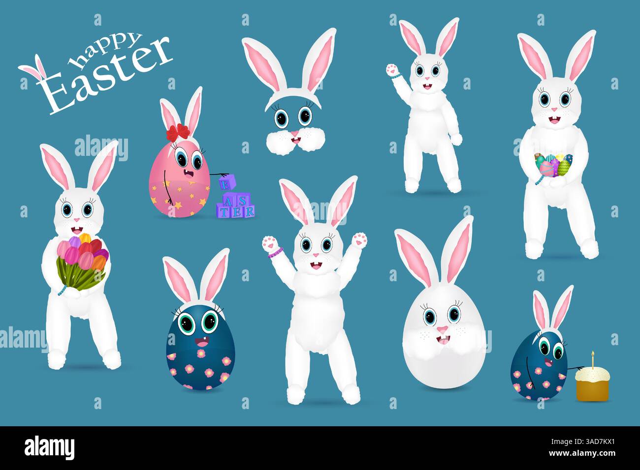 A festive set of anthropomorphic, characters - white Easter bunnies and ...