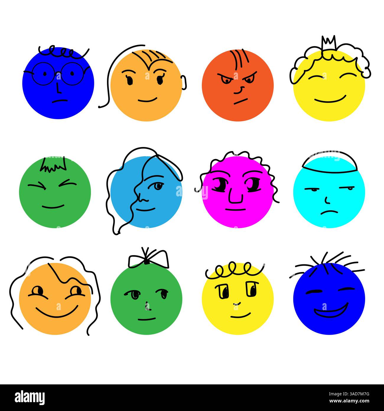 Set of cartoon character face circle avatar . Funny people faces ...