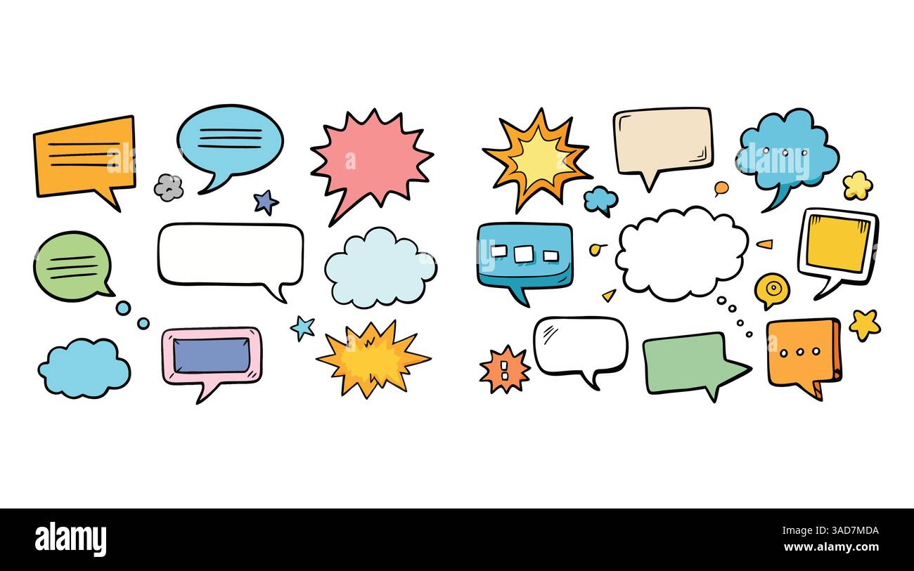 Collection of Colorful Hand-Drawn Speech Bubbles and Thought Clouds ...
