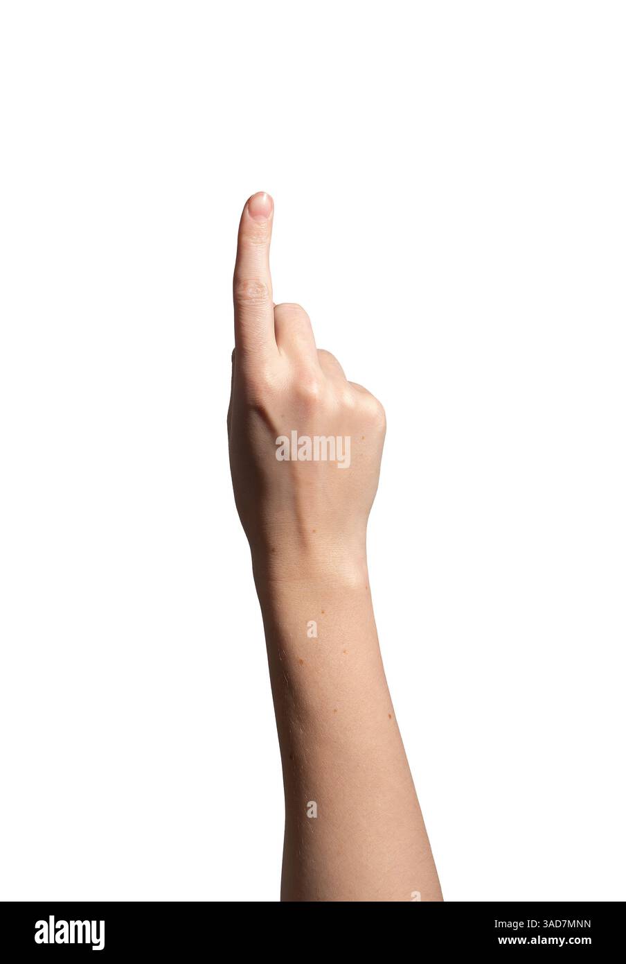 Finger pointing up. Female hand with index gesture showing direction ...