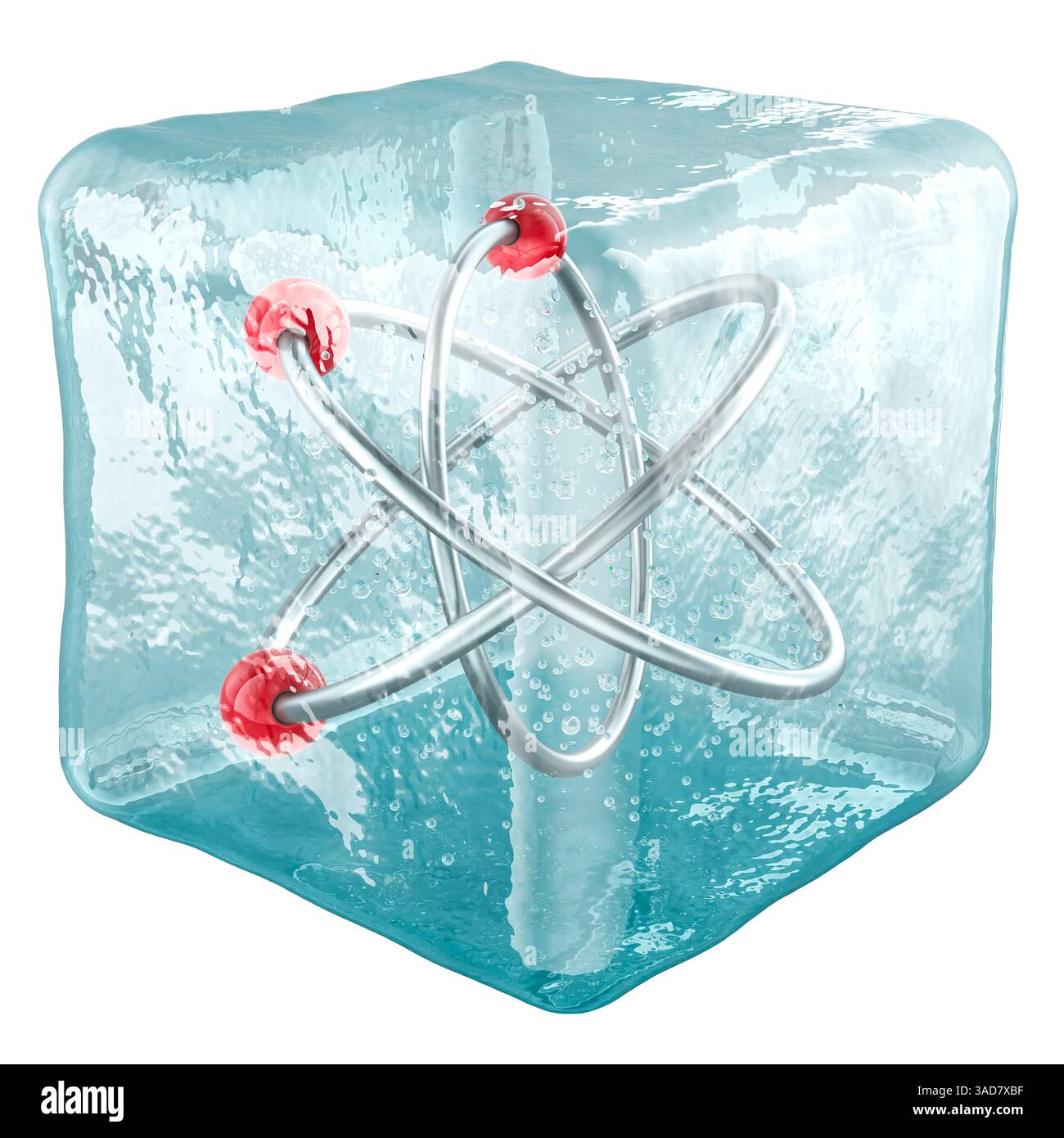 Atom Structure frozen in ice cube, 3D rendering isolated on white ...
