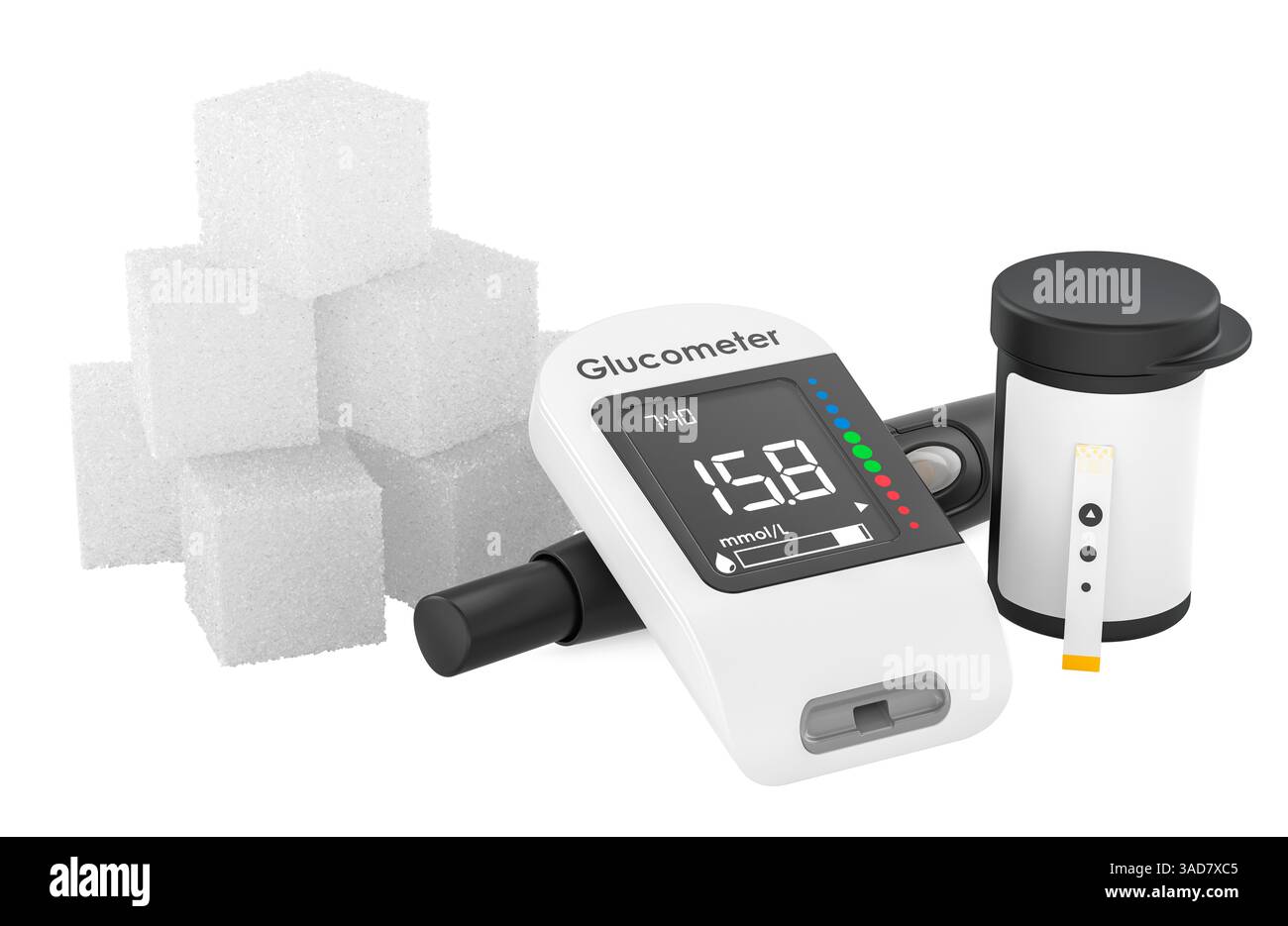 Diabetes, concept. Glucometer set and sugar cubes. 3D rendering ...