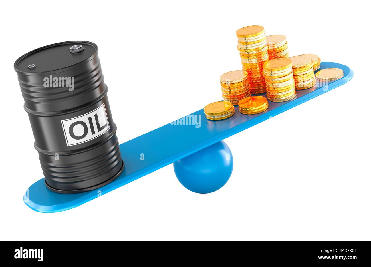 Oil barrel and golden coins on balance scale, 3D rendering isolated on ...