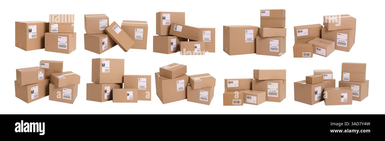 Many different parcels with shipping labels isolated on white, collage ...