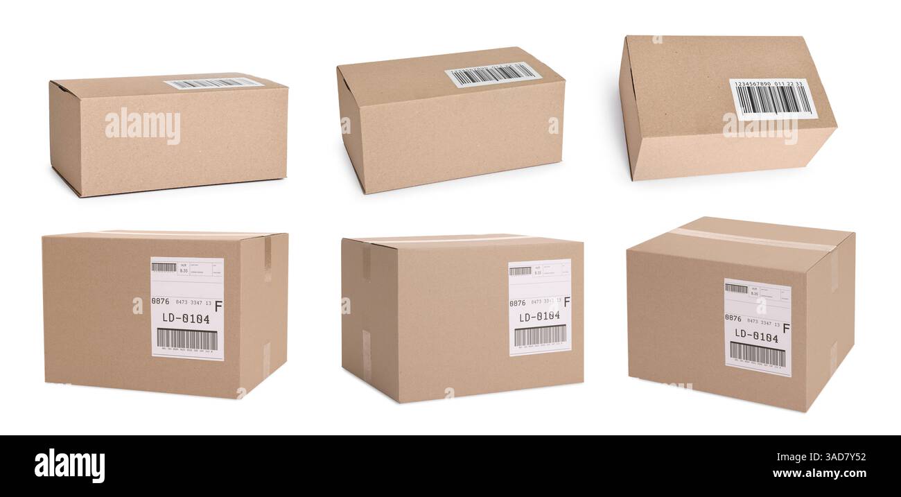 Many different parcels with shipping labels isolated on white, collage ...