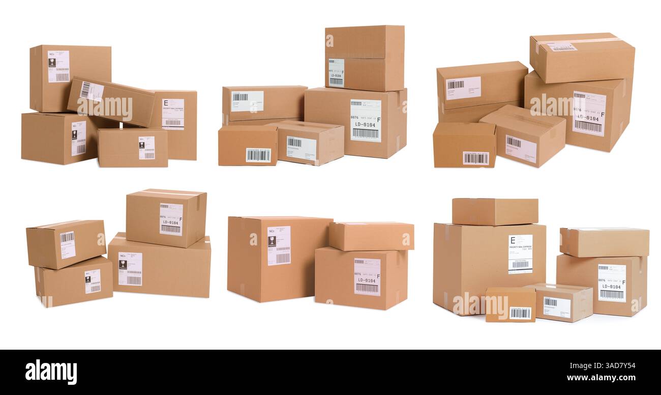 Many different parcels with shipping labels isolated on white, collage ...