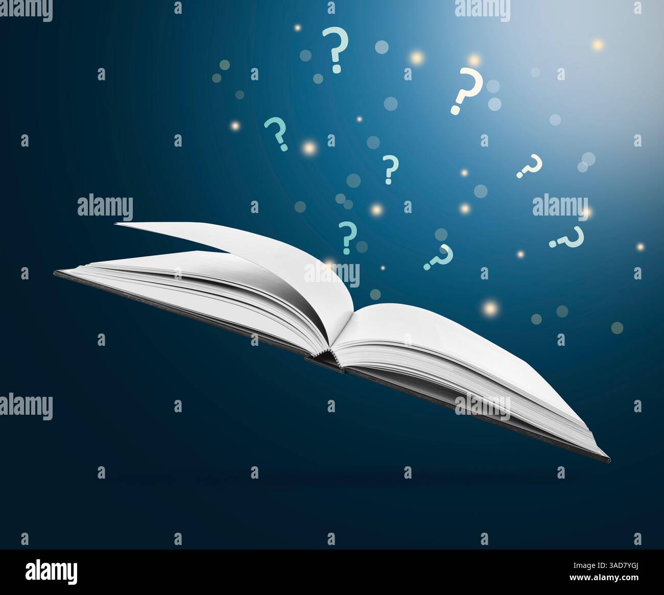 Question marks flying out from open book on dark blue background Stock ...