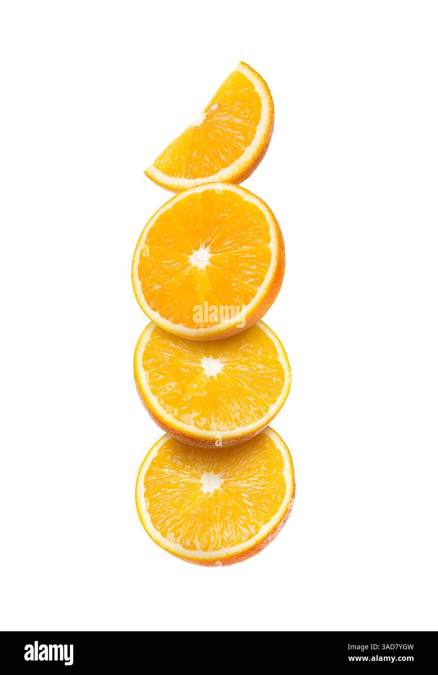 Fresh cut oranges falling on white background Stock Photo - Alamy