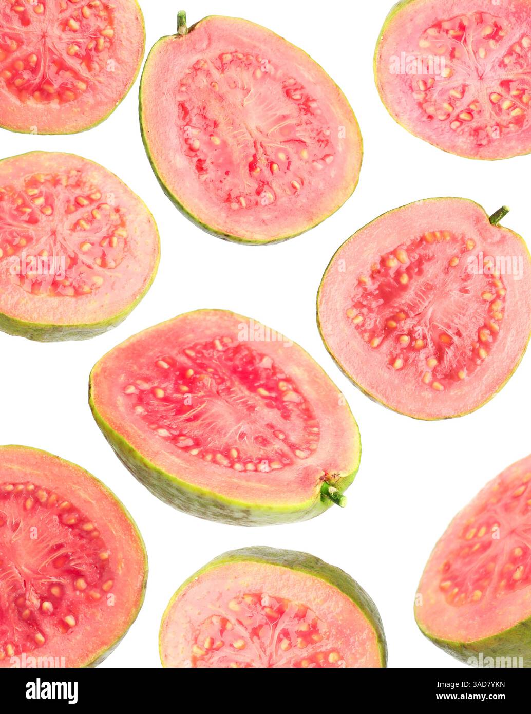 Fresh guavas. Pieces of fruits falling on white background Stock Photo ...