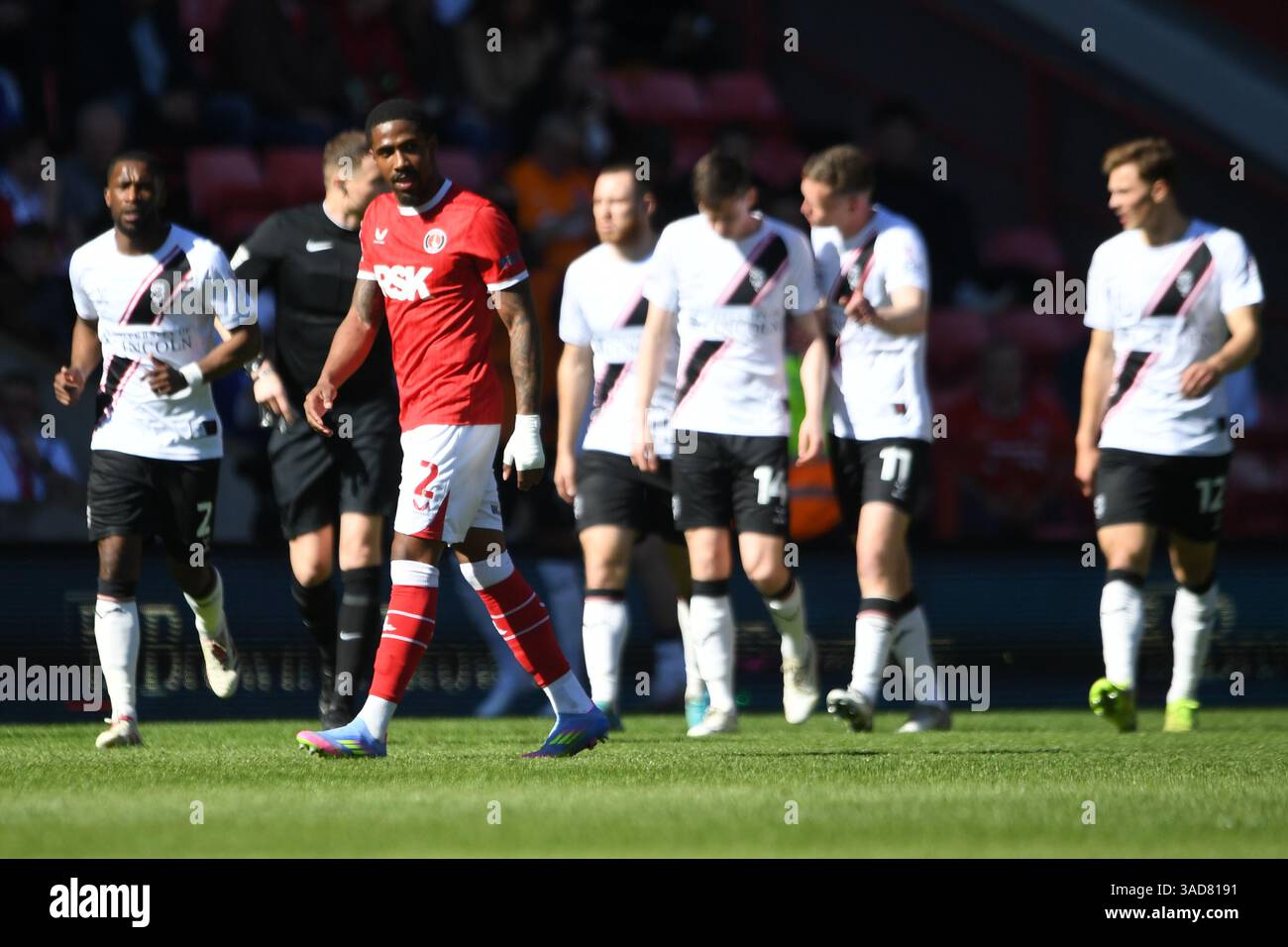 London, England. 5th Apr 2025. Kayne Ramsay reacts after James Collins ...