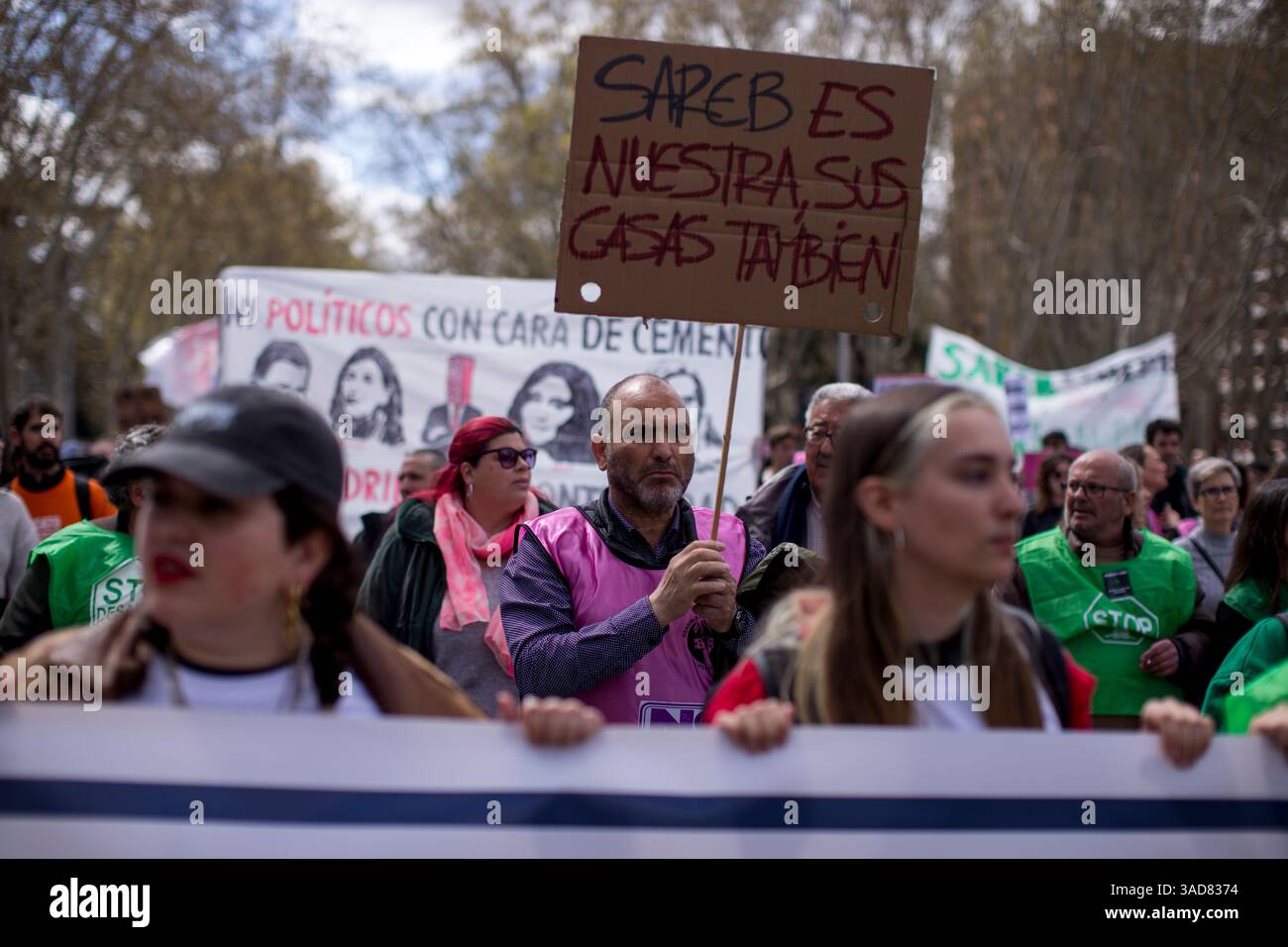 Madrid, Spain. 05th Apr, 2025. A protester holds a placard that reads ...