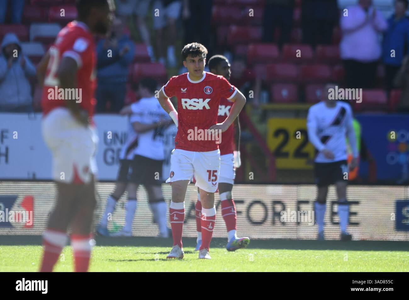 London, England. 5th Apr 2025. Tom McIntyre reacts after James Collins ...