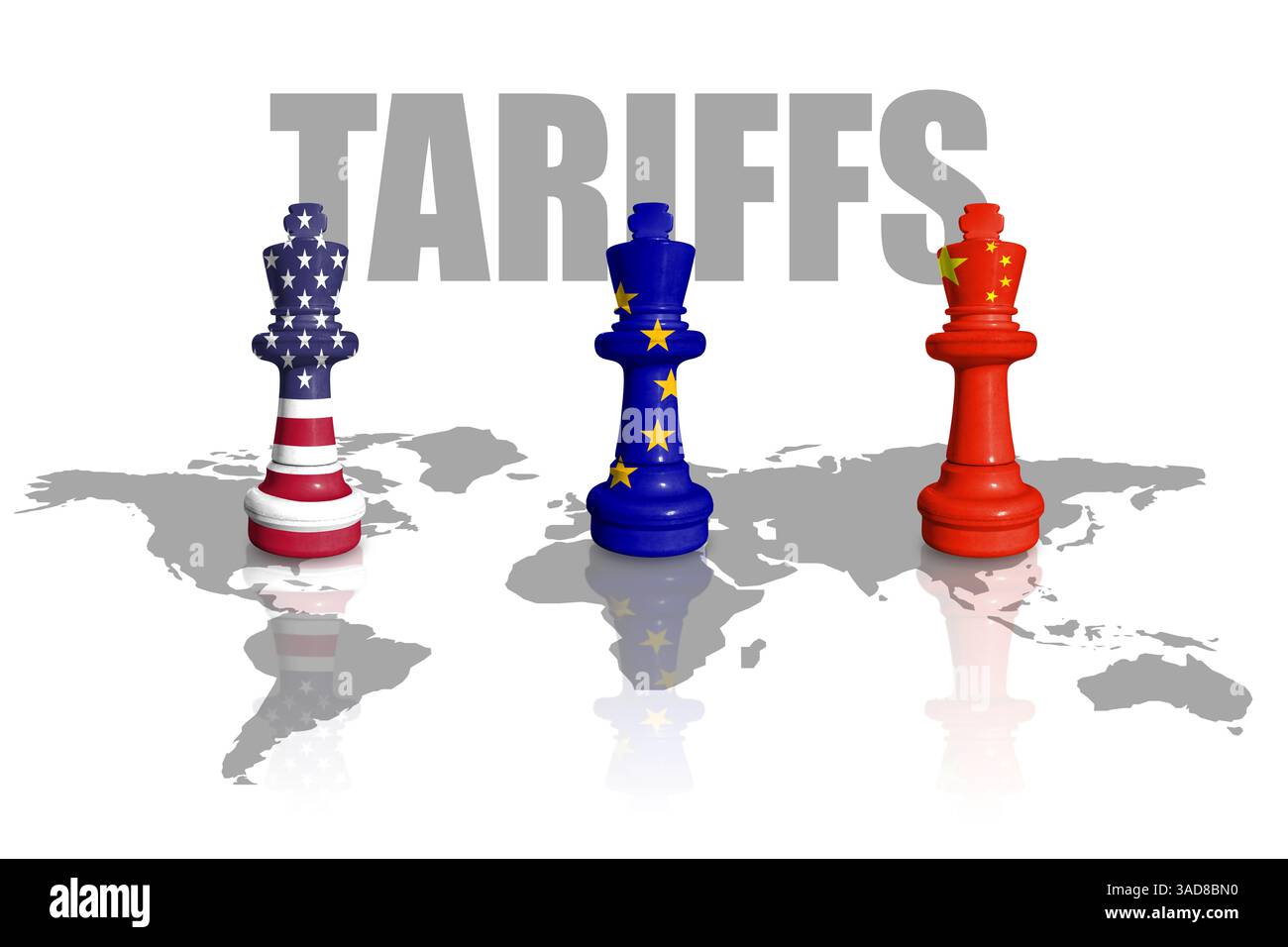 Chess made from USA, EU and China flags on a world map. China, Europe ...