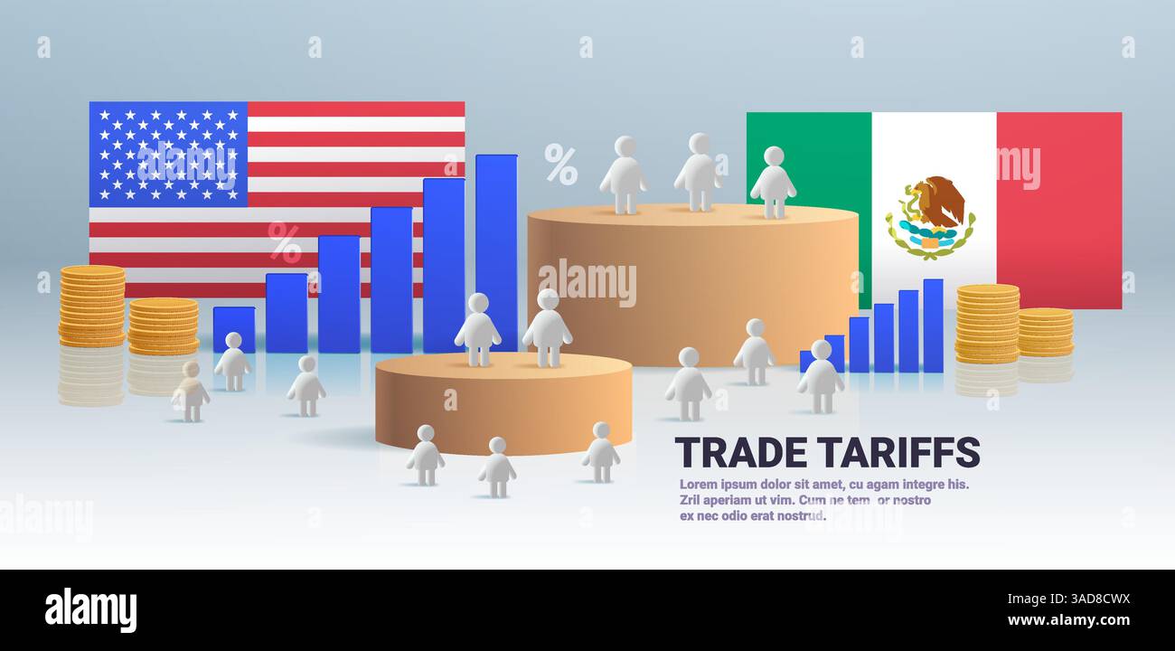 Trade war tariffs USA Mexico concept illustration. Flags coins bar ...