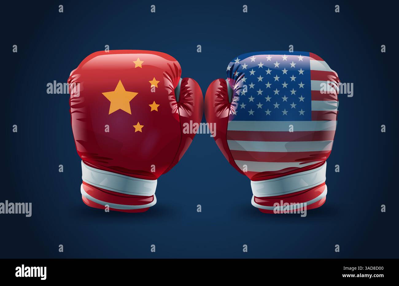Boxing gloves China USA trade war concept. Red and blue gloves with ...