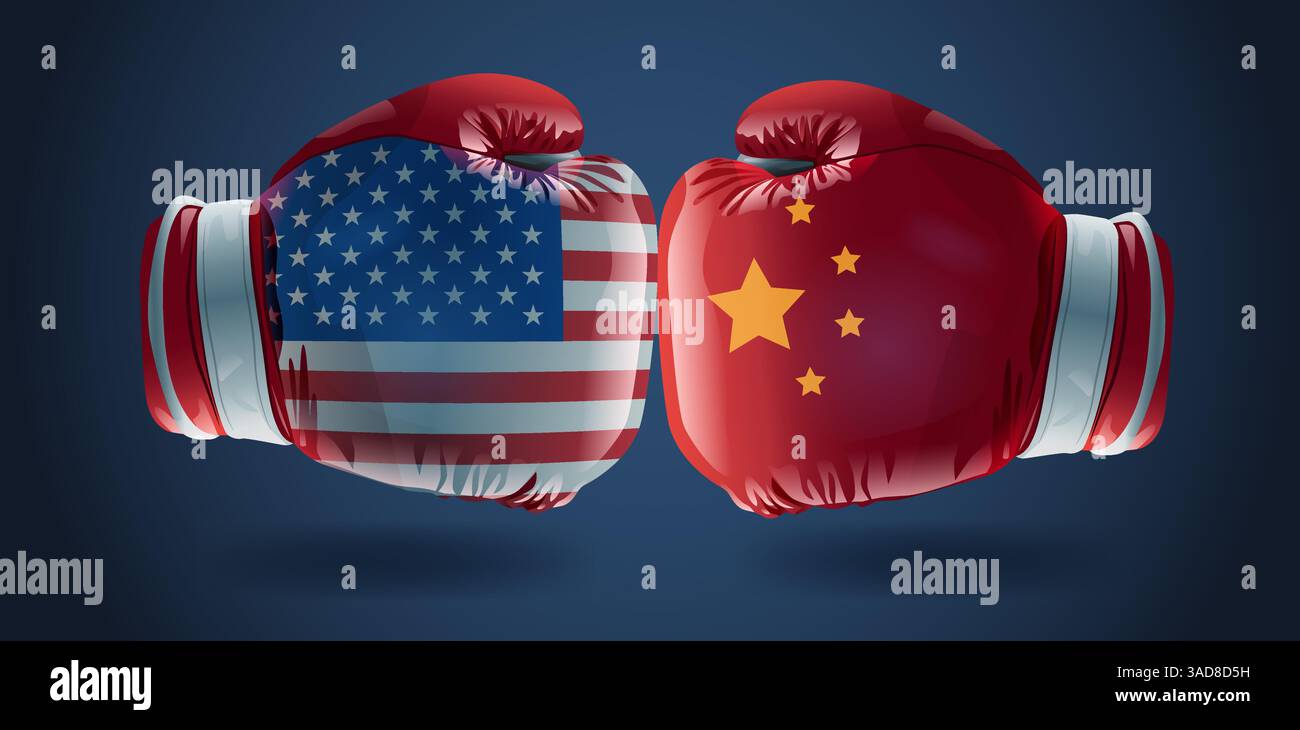 Boxing gloves USA China trade war concept illustration. Two boxing gloves with USA and China ...