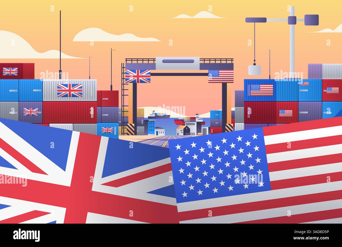 Trade war concept shipping containers port scene with UK and US flags ...