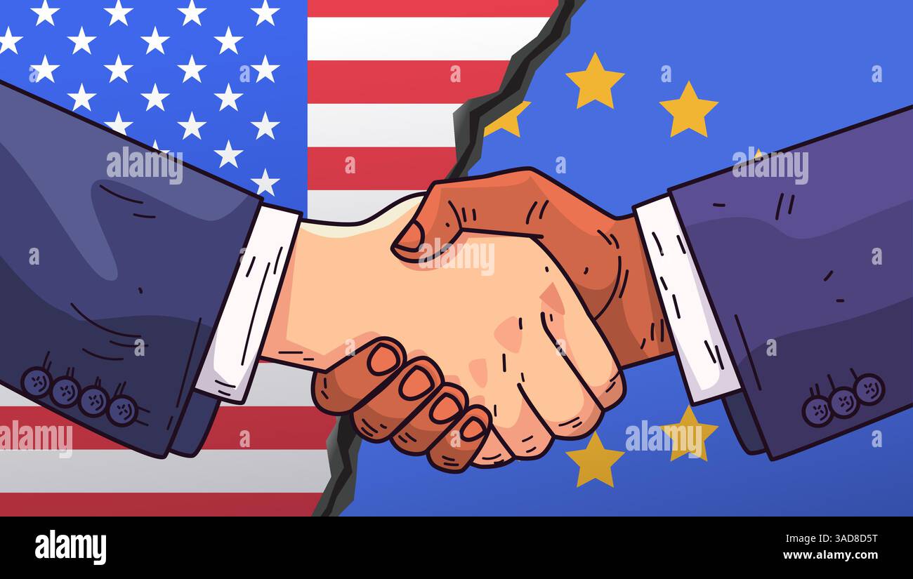 USA EU handshake trade war concept. Two hands shaking over USA and EU ...