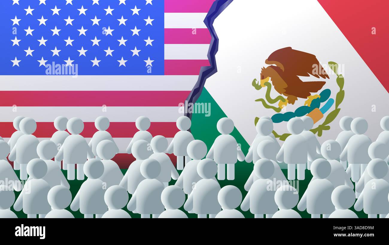 USA Mexico trade war concept illustration. Divided flags with crowd of ...