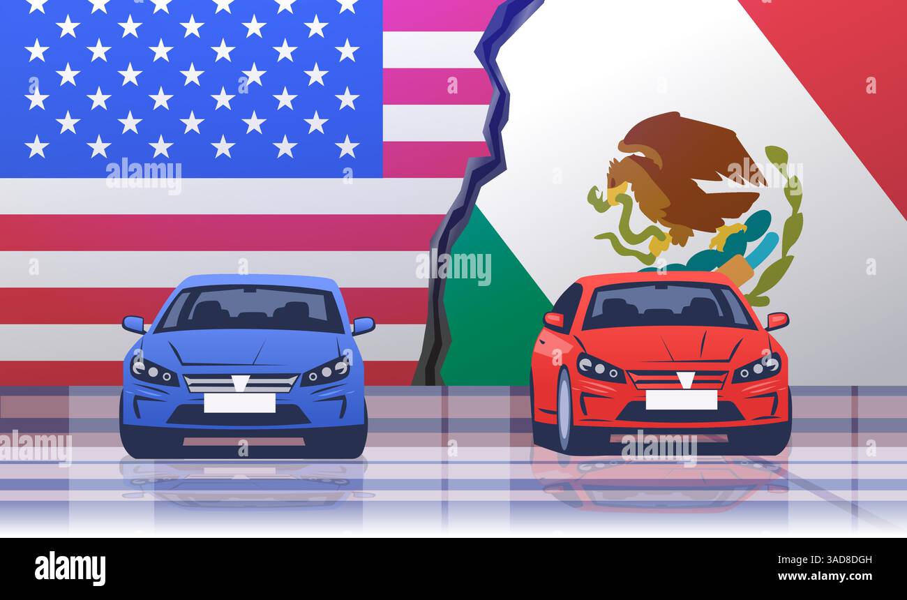 Trade war USA Mexico concept with cars flags cracked ground ...