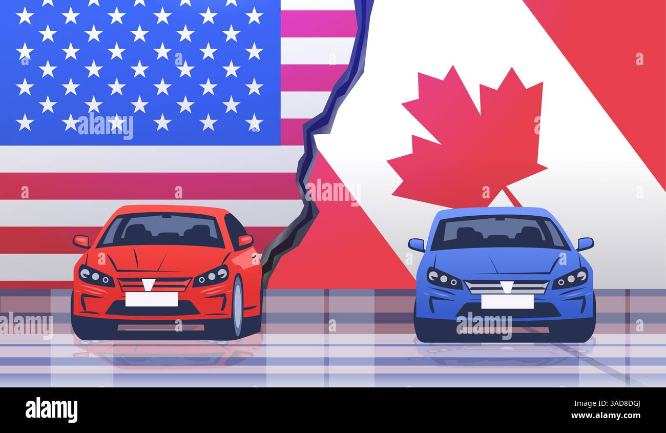 Trade war USA Canada concept with cars against flags background split ...