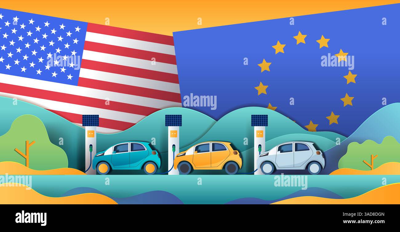 USA EU trade war electric cars charging stations flags hills colorful ...