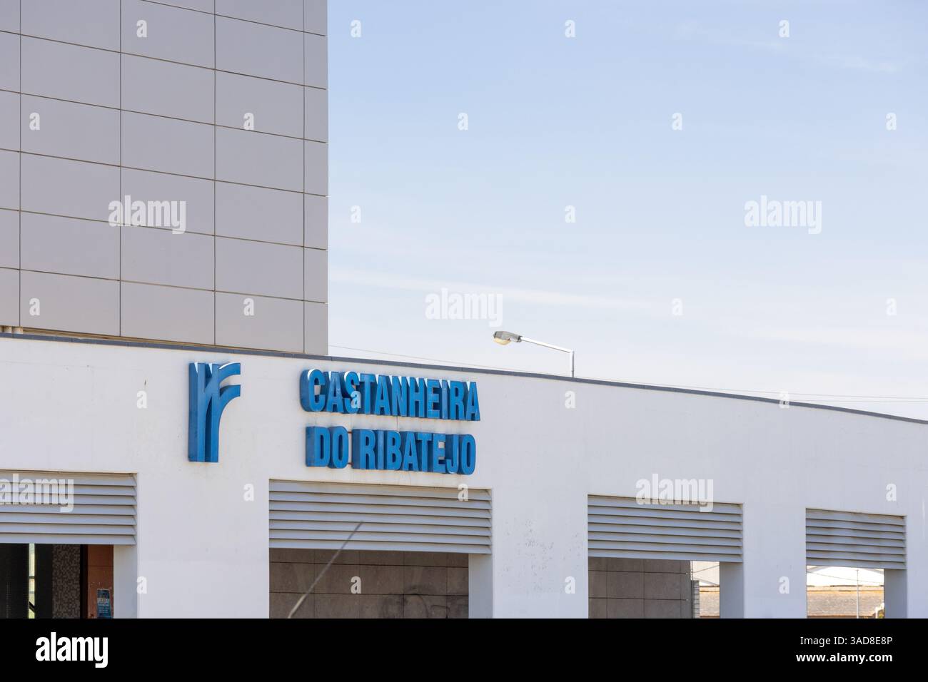 Modern building of castanheira do ribatejo train station with cp logo ...