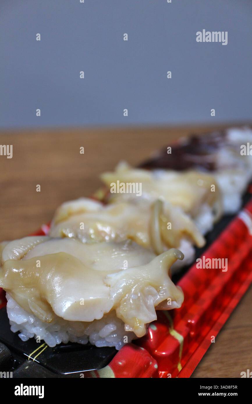 Tsubugai (whelk) nigirizushi purchased at a supermarket in Tokyo, Japan ...