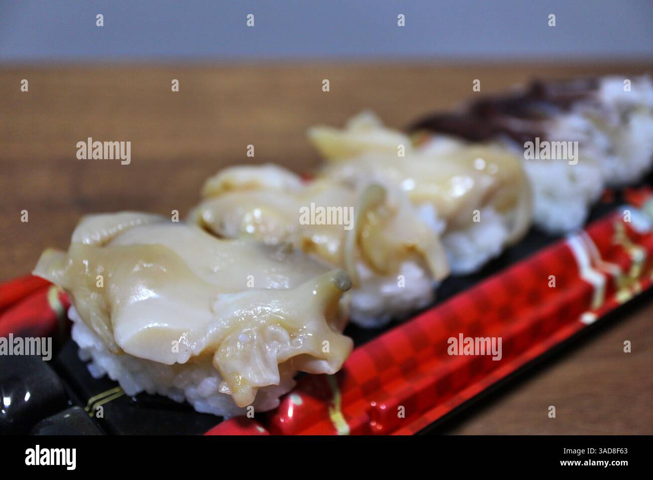 Tsubugai (whelk) nigirizushi purchased at a supermarket in Tokyo, Japan ...