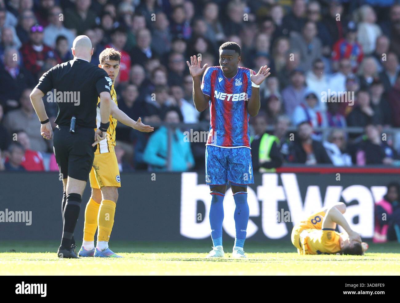 London, England, 5th April 2025. Marc Guehi of Crystal Palace reacts ...