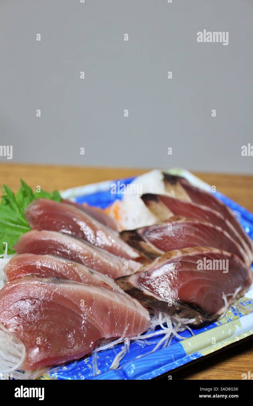 Katsuo tataki (seared bonito sashimi) and katsuo sashimi purchased at a ...