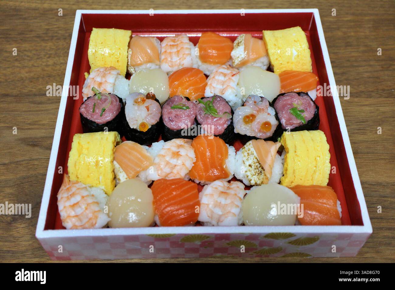 Temari-zushi (ball-shaped sushi) purchased at a supermarket in Tokyo ...