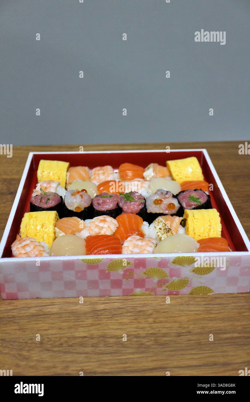 Temari-zushi (ball-shaped sushi) purchased at a supermarket in Tokyo ...