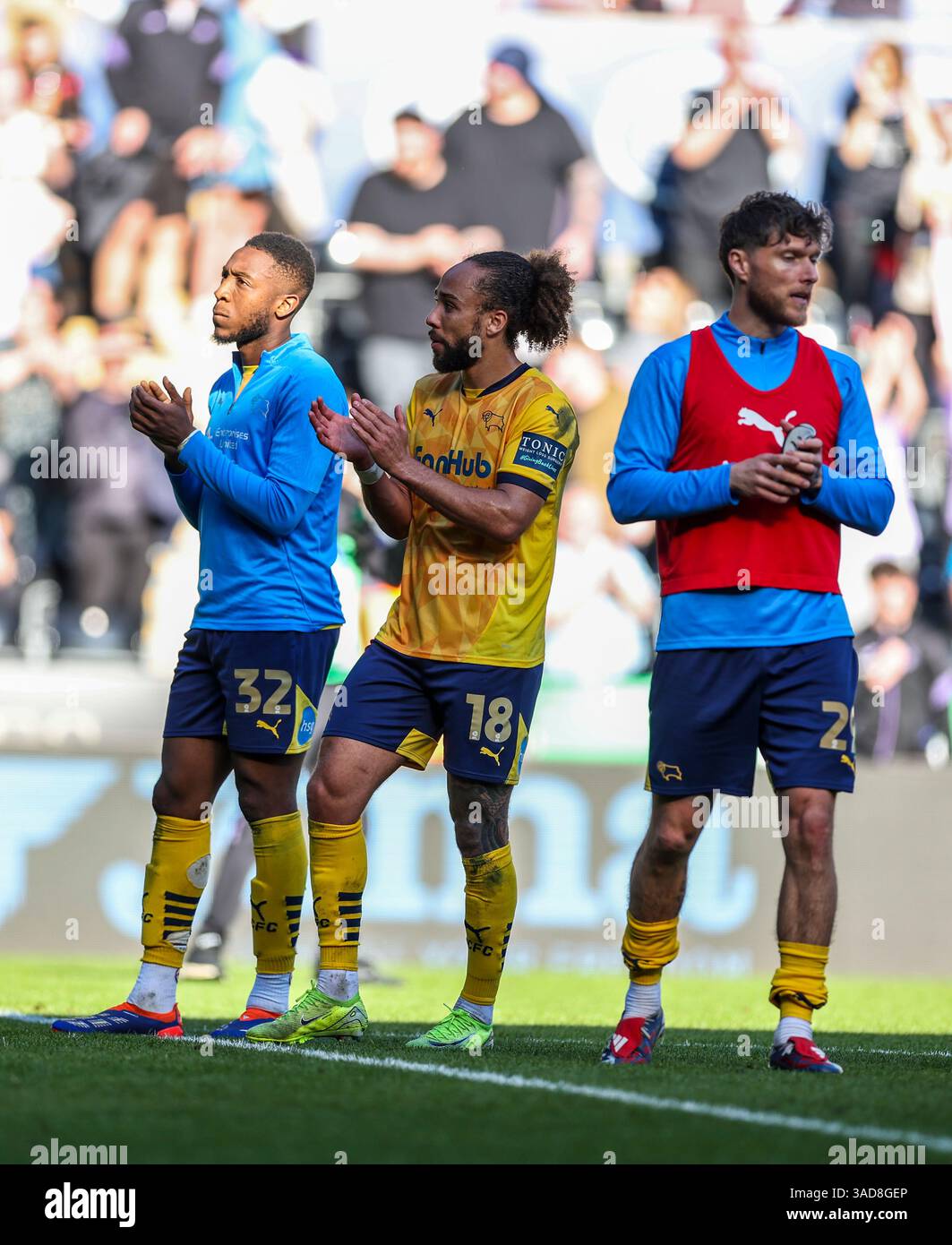 Derby County's Marcus Harness applauds the fans at full time during the ...
