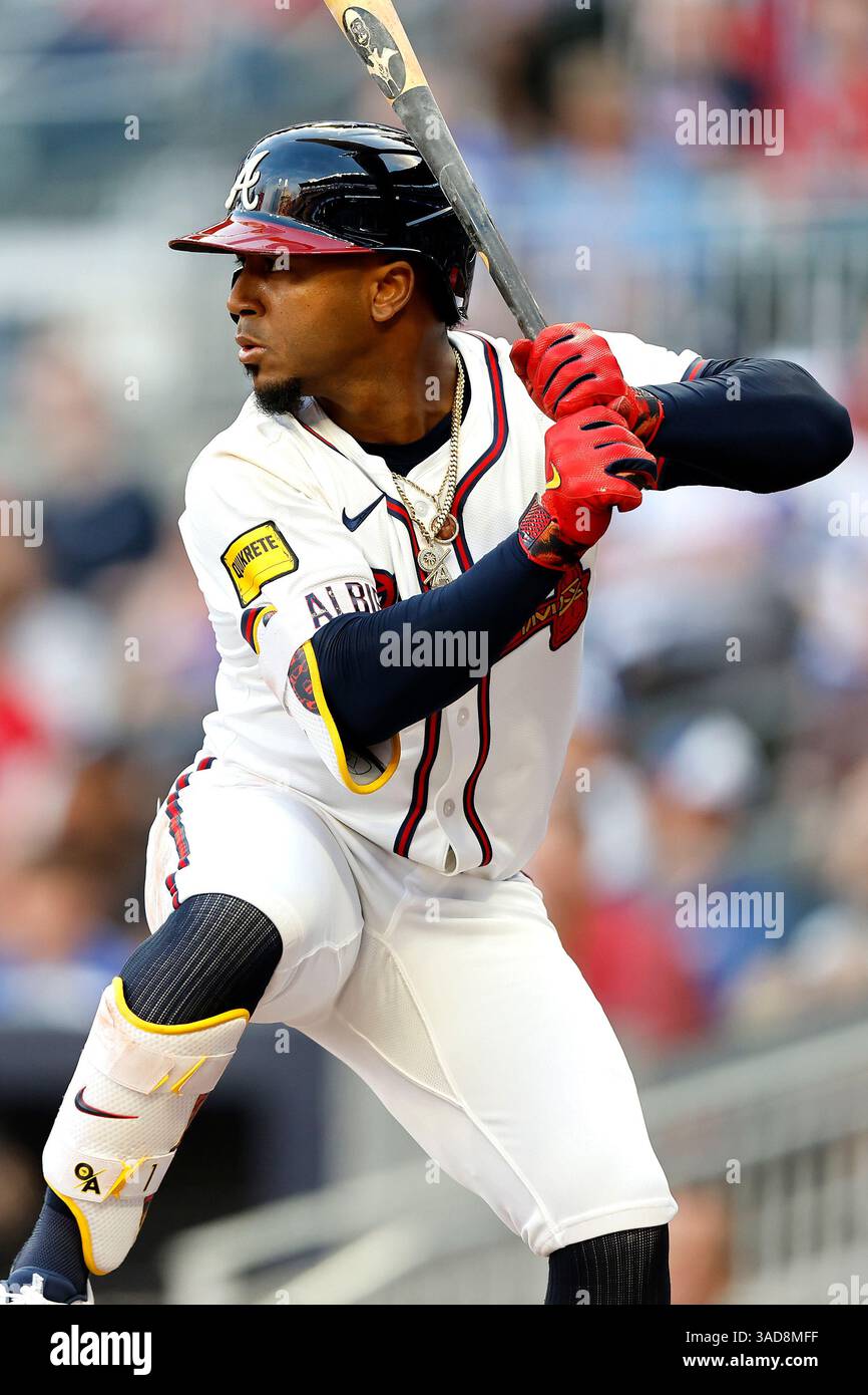 ATLANTA, GA - APRIL 04: Ozzie Albies #1 of the Atlanta Braves bats during the 2025 MLB Home ...