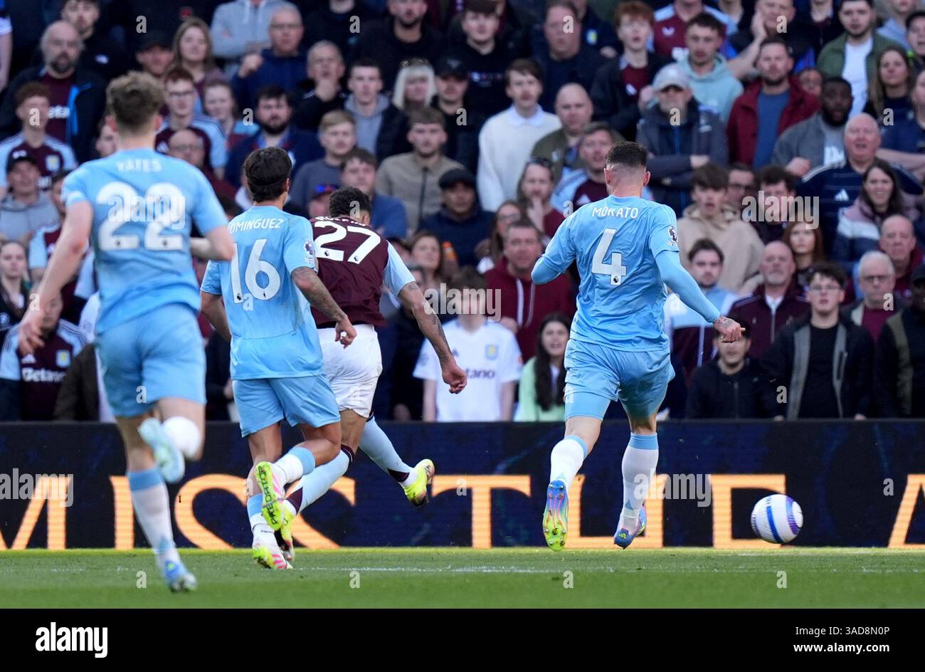 Aston Villa's Morgan Rogers (centre) scores his sides first goal during ...