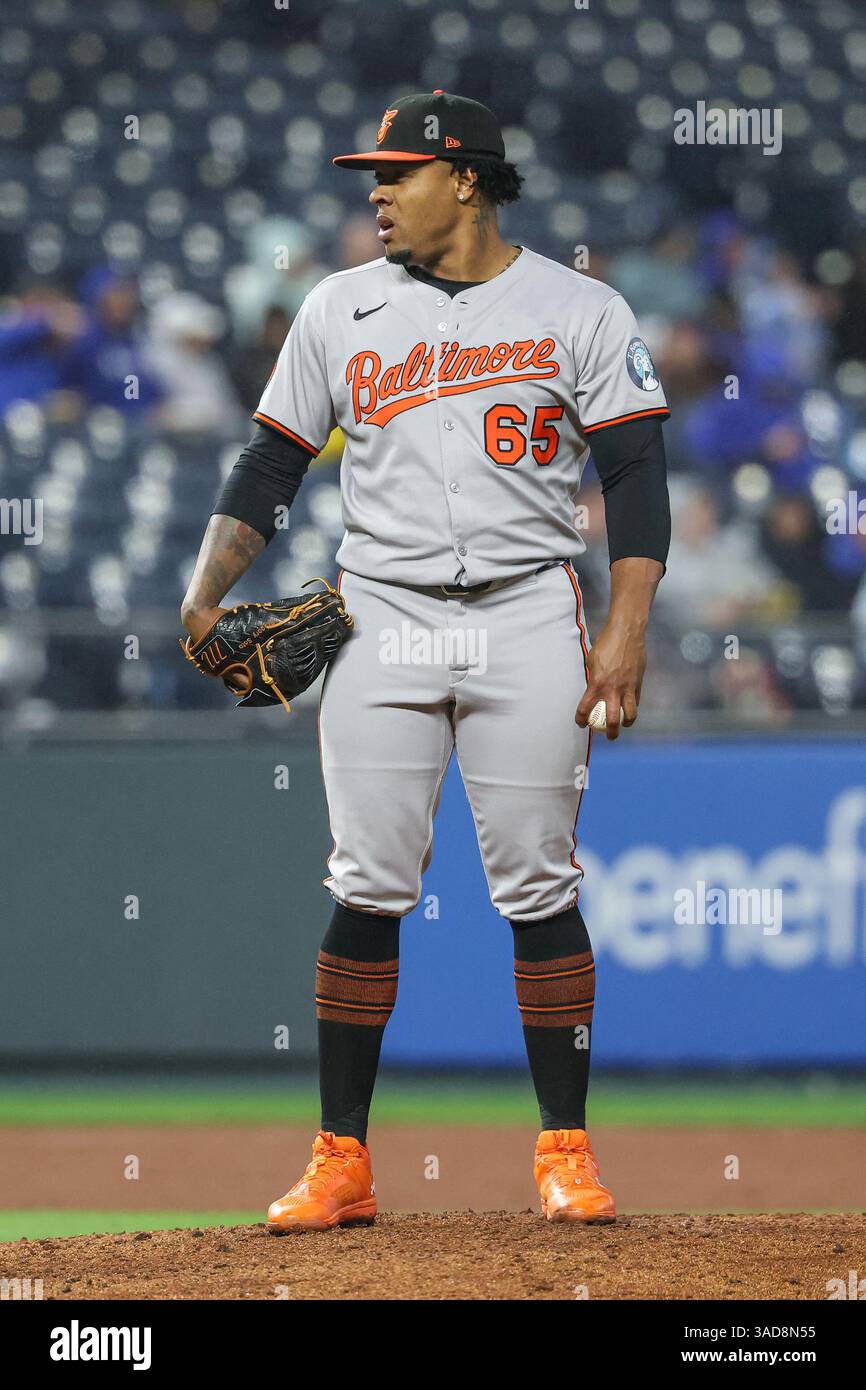 Kansas City, MO, USA. 4th Apr, 2025. Baltimore Orioles relief pitcher ...