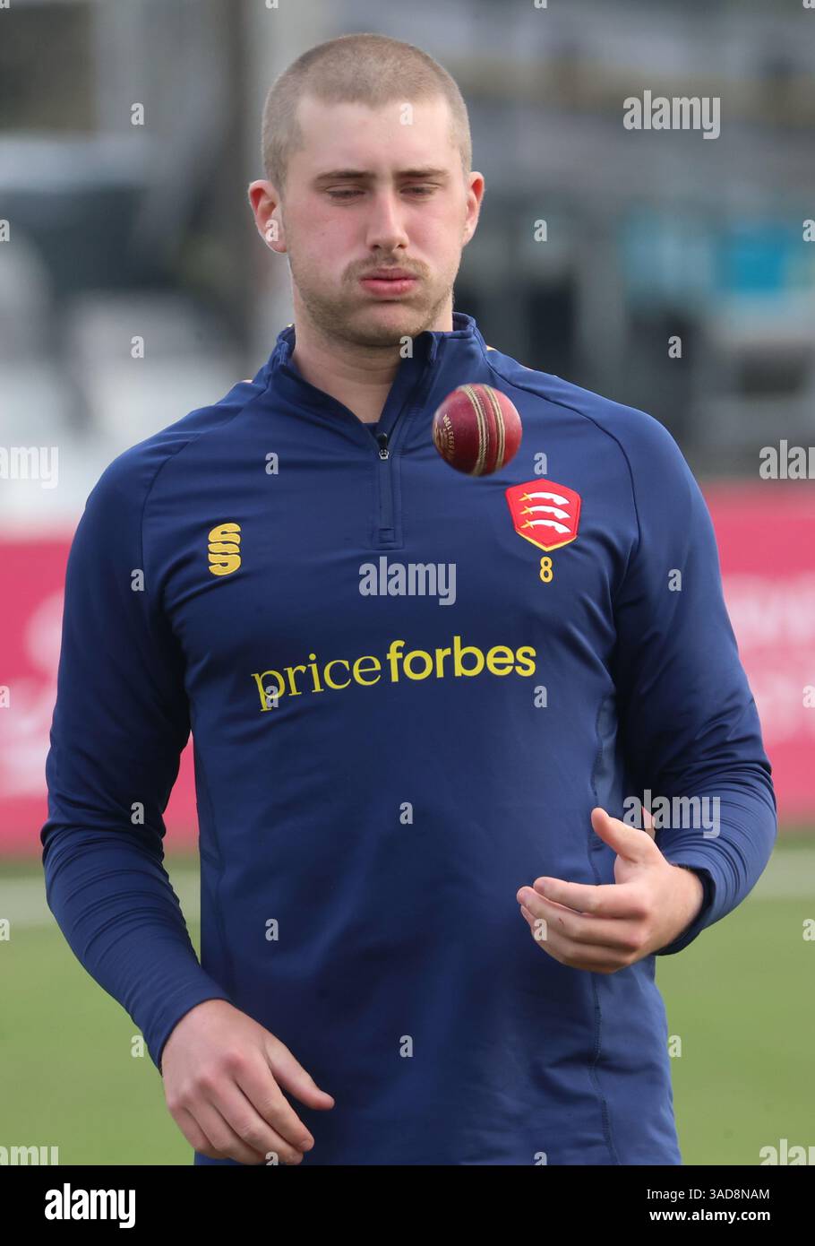 Chelmsford, UK. 04th Apr, 2025. CHELMSFORD, ENGLAND -Essex's Noah Thain ...