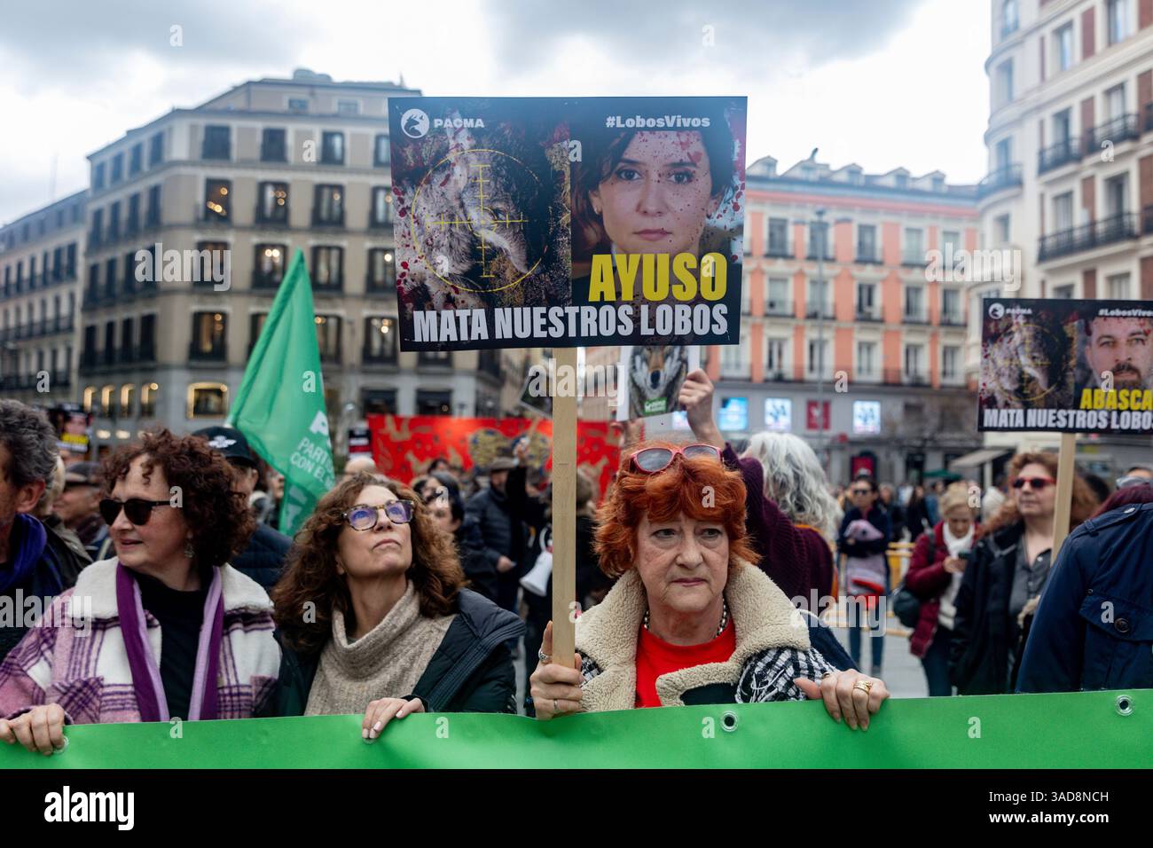 Several people show posters during the rally 'Save the Iberian wolf ...