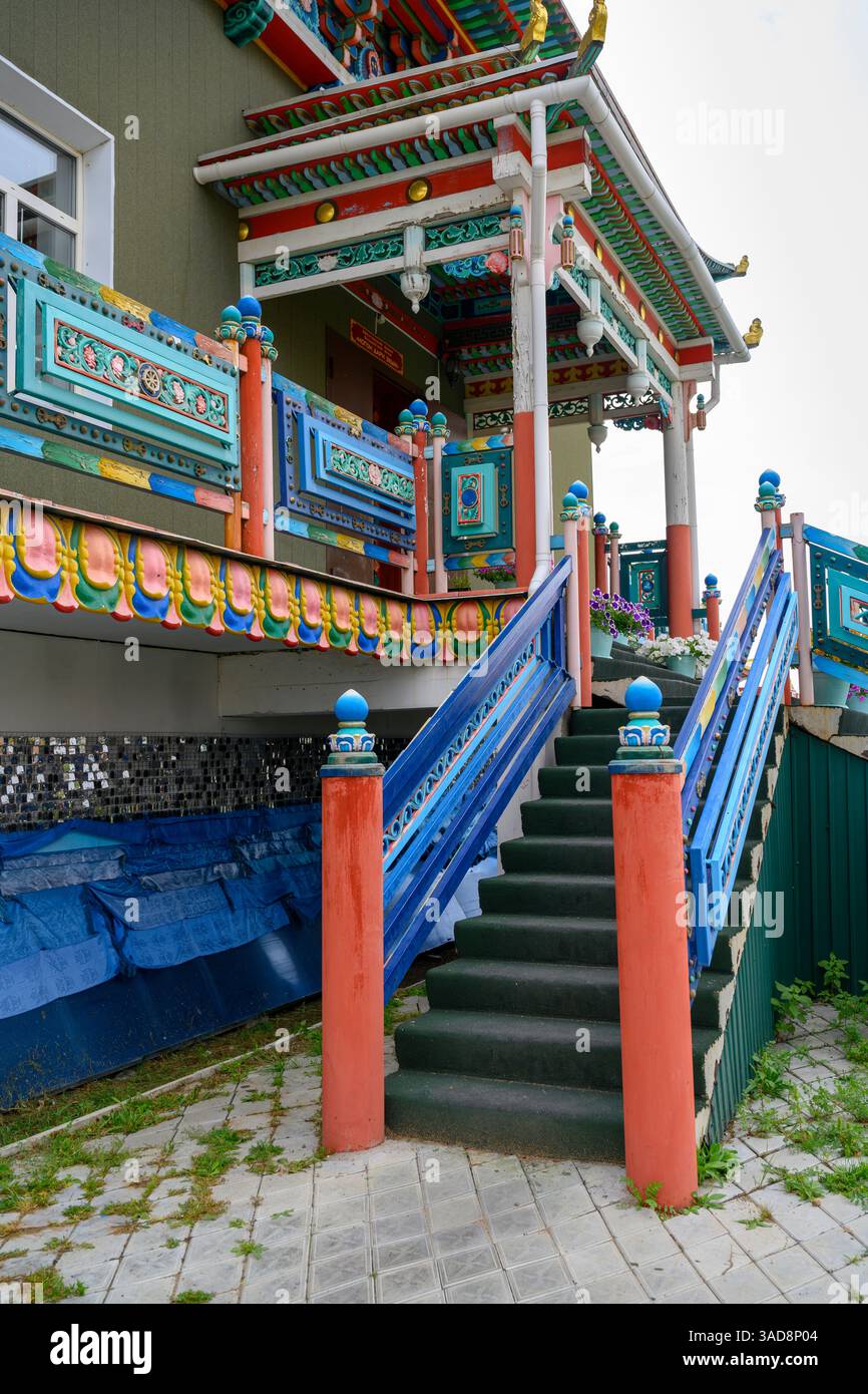 The porch of the Nogoon Dari Ehin building at the Buddhist Monastery in ...