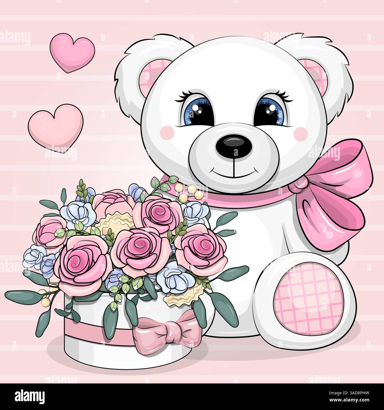 Cute cartoon white bear with a bouquet of roses. Vector illustration of ...