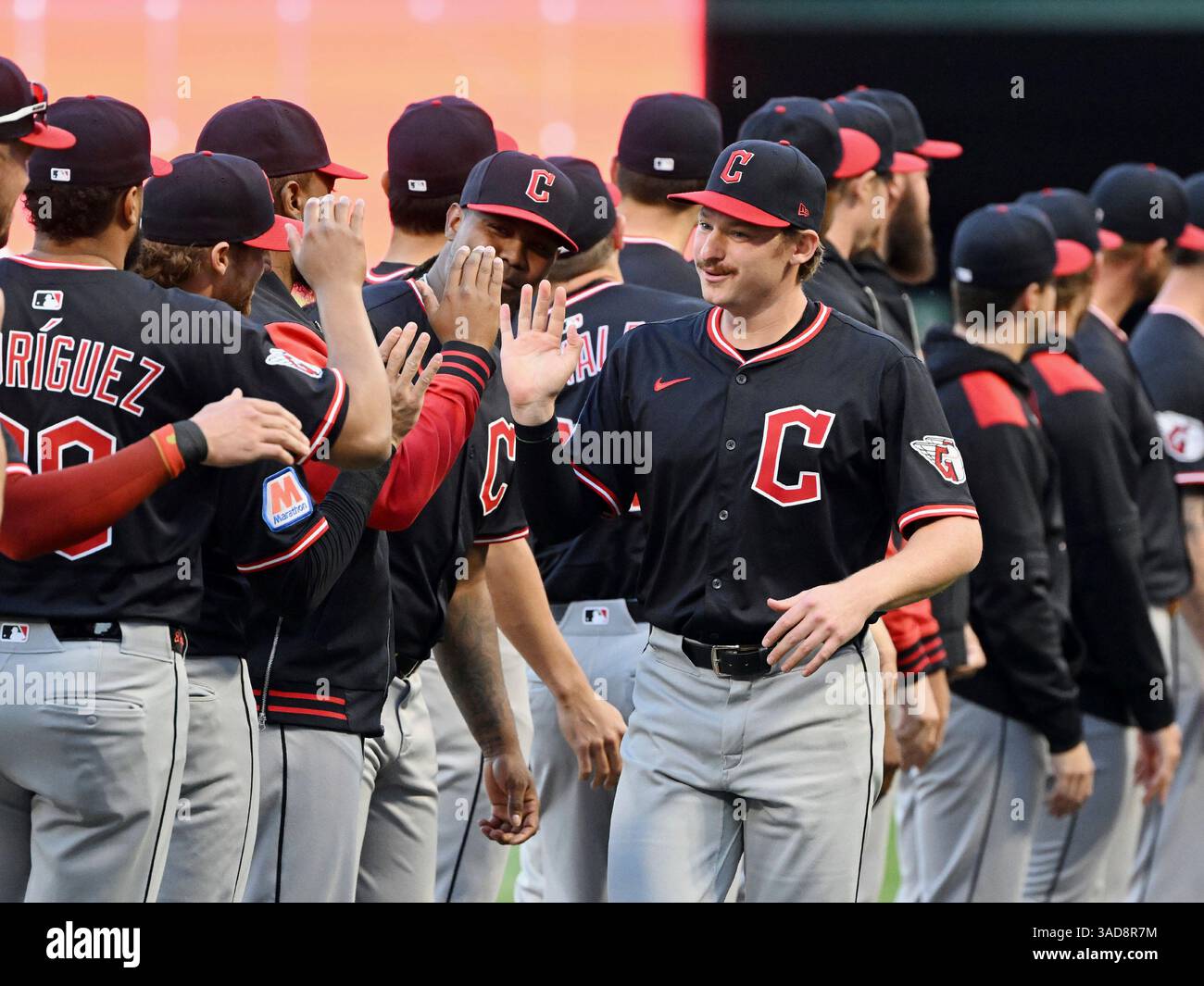 ANAHEIM, CA - APRIL 04: Cleveland Guardians designated hitter Kyle Manzardo (9) on the filed ...