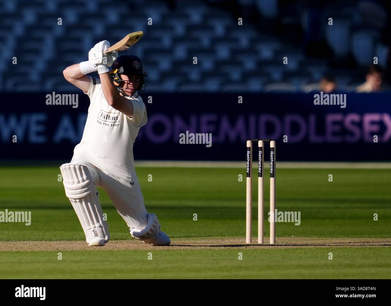 Lancashire's Marcus Harris hits out for four runs on day two of the ...