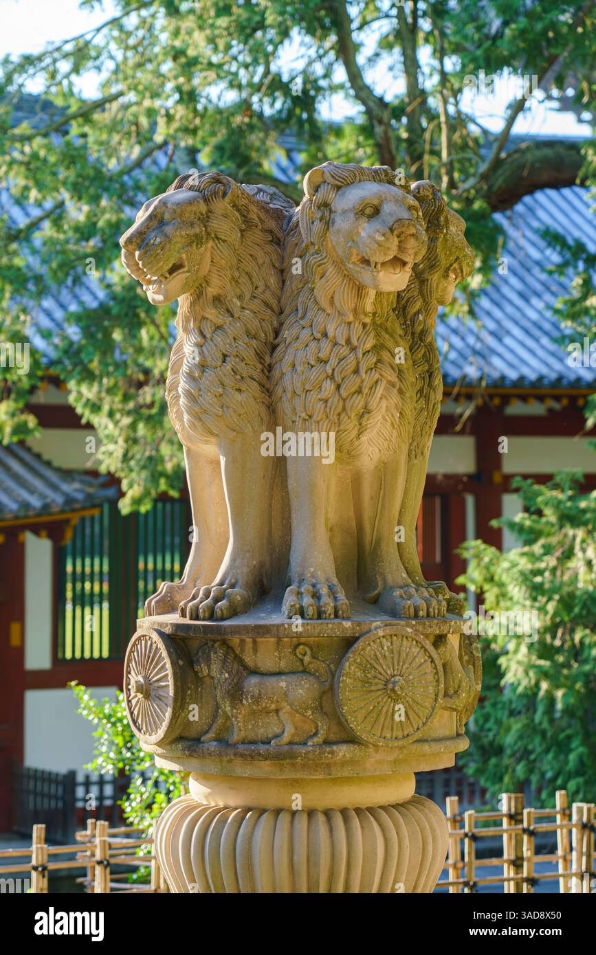 Nara, Japan - Sep 26 2024, vertical view of statue of three lions ...