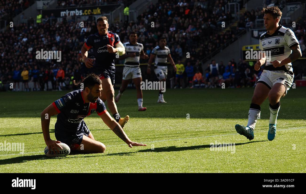 A Hull K.R. players dives down for a try during the Betfred Challenger ...