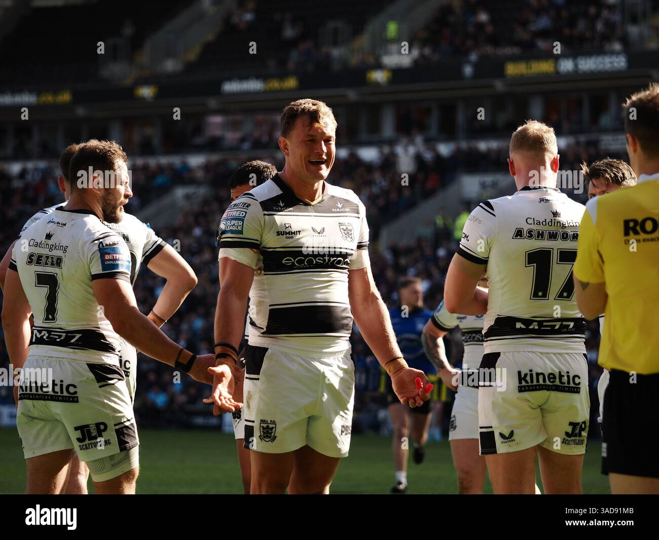 A Hull F.C. player talks to the ref unhappily during the Betfred ...