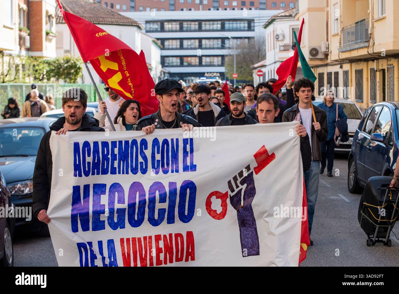 Dozens of people during a demonstration for housing, in front of the ...